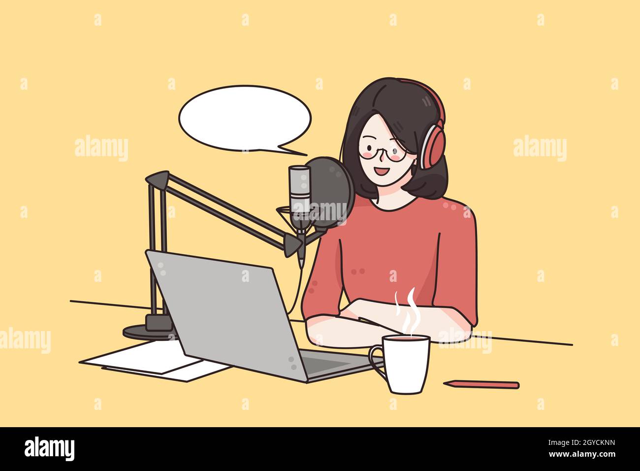 Podcaster making, blogger, technology concept. Young smiling Woman ...