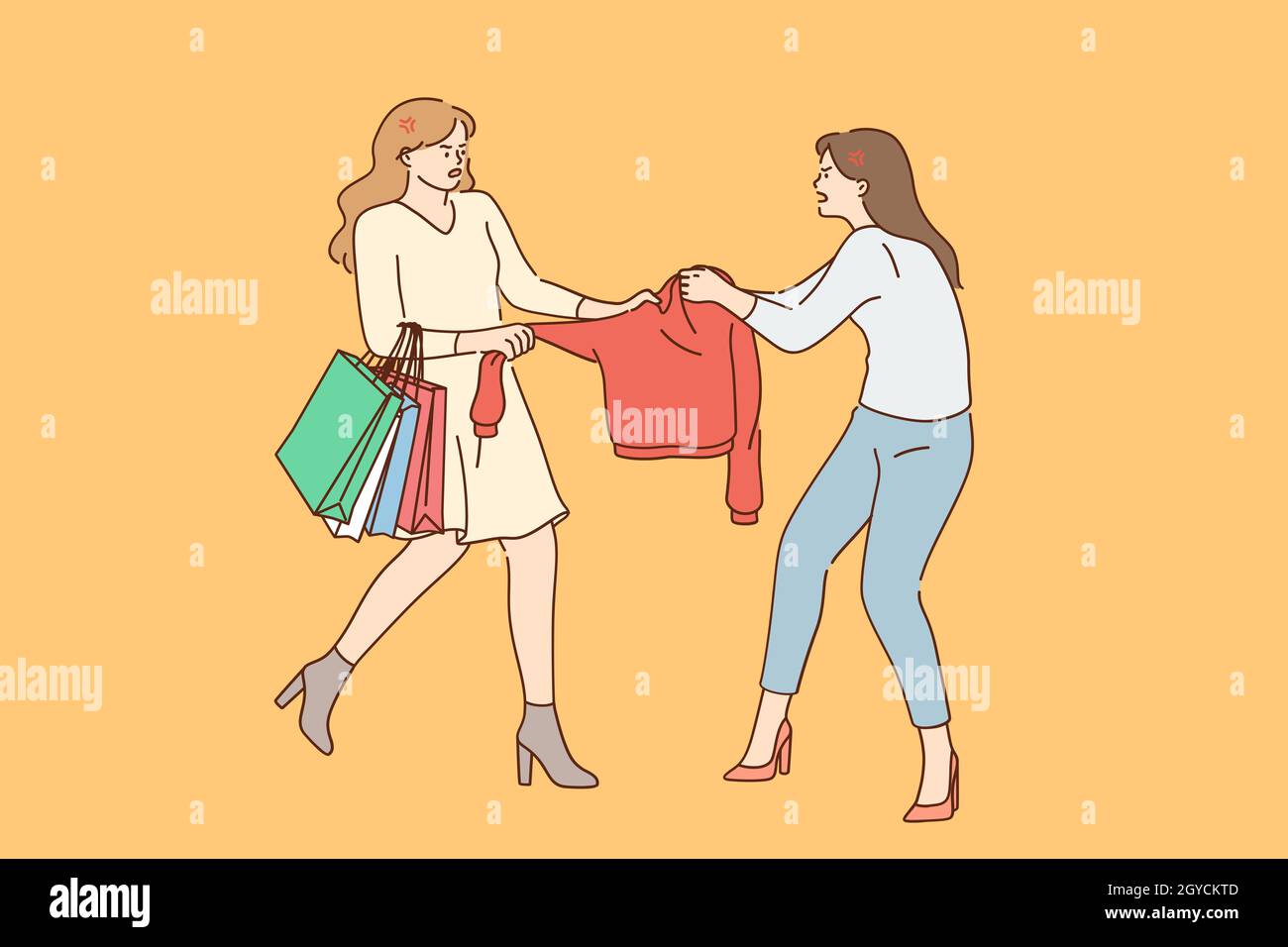 Shopping, competition, fighting concept. Two young angry women cartoon ...