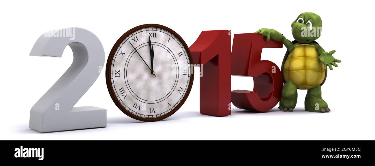 3D render of a tortoise with clock at new years Stock Photo - Alamy