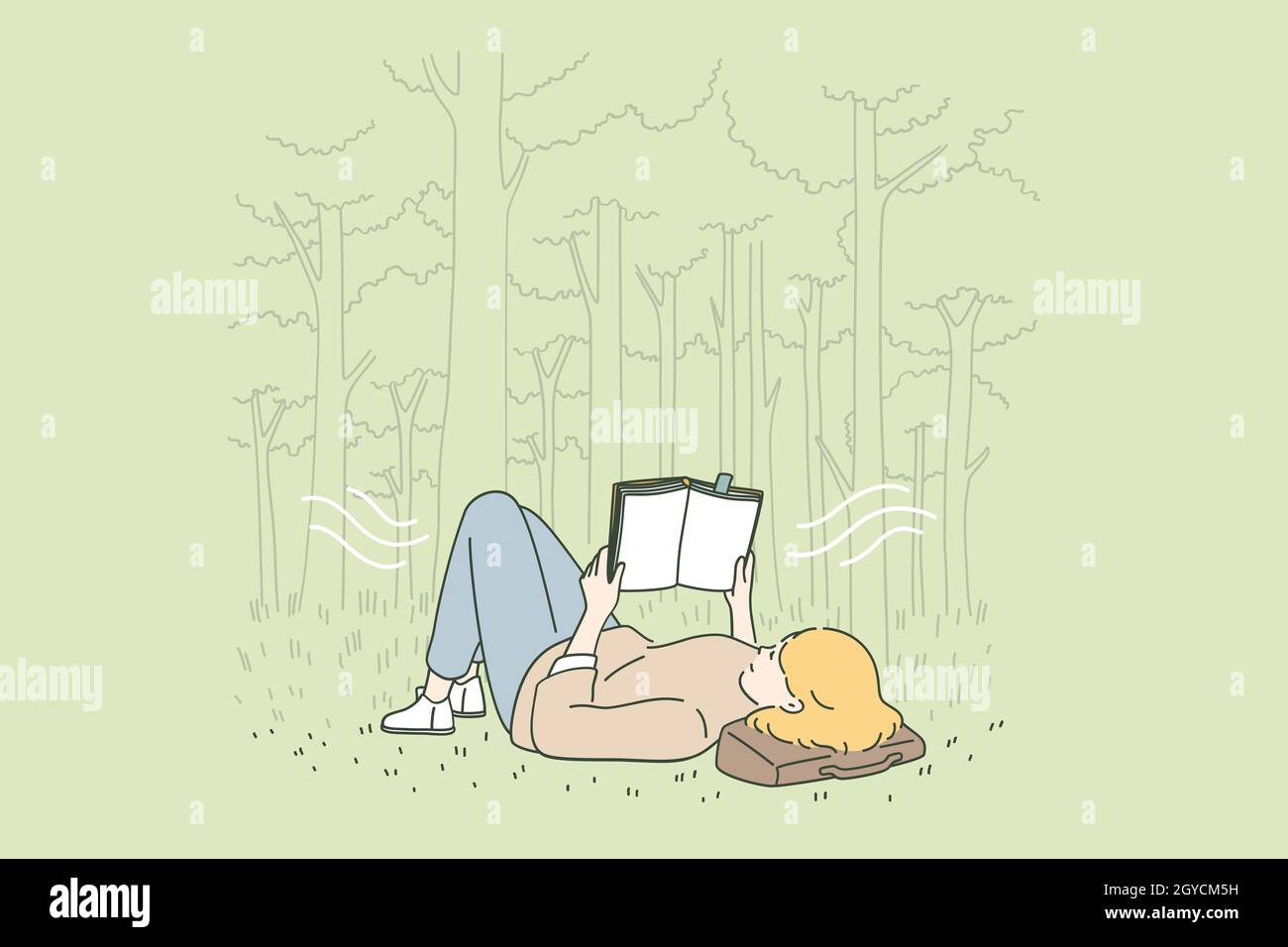 Relaxation, leisure and reading concept. Young happy woman cartoon ...