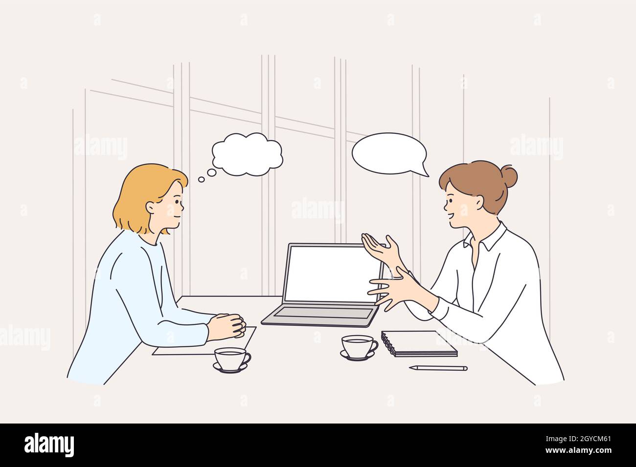 Business meeting, discussion, brainstorm concept. Two smiling ...