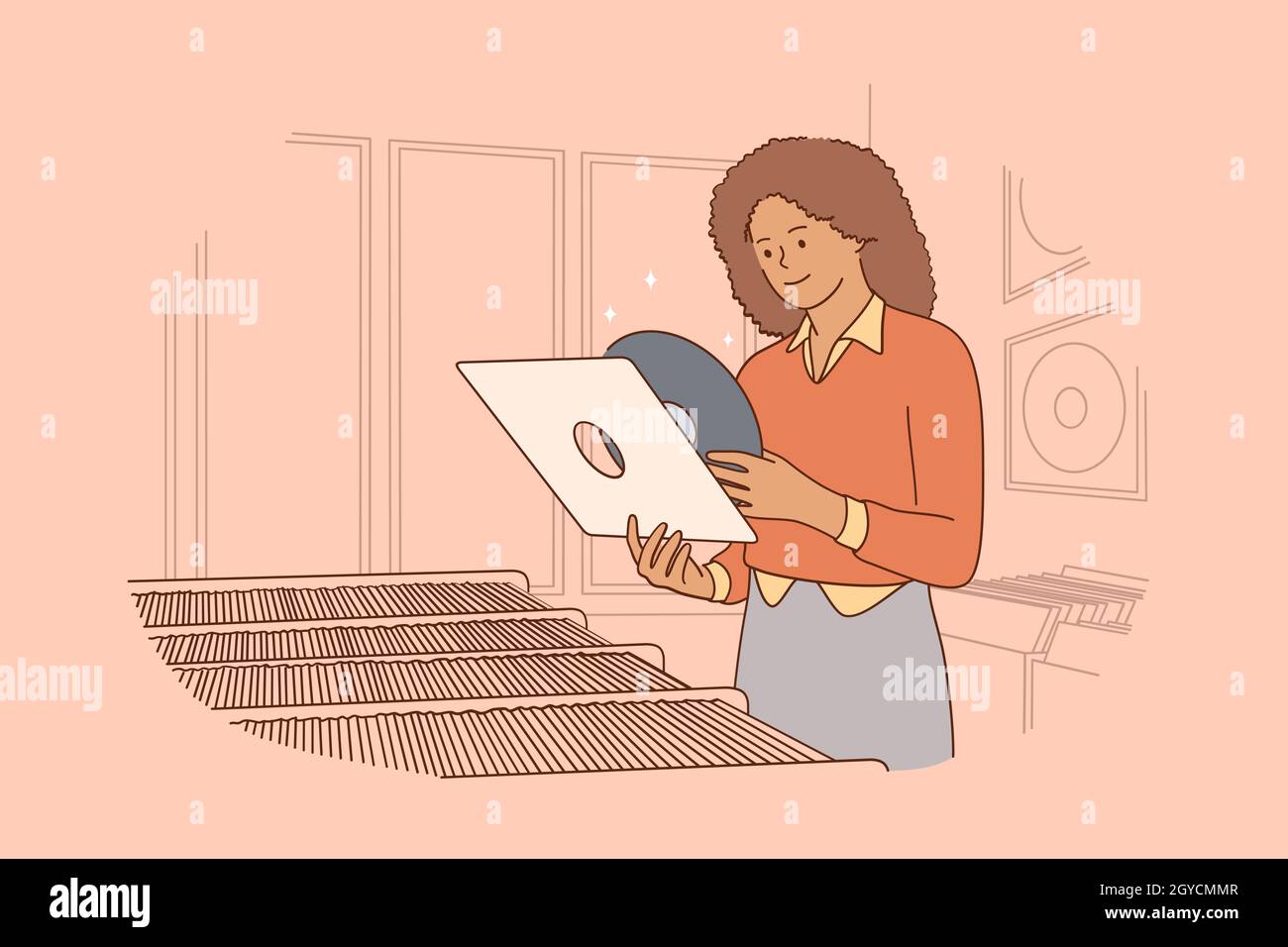 Vintage vinyl records music concept. Young smiling black woman cartoon ...