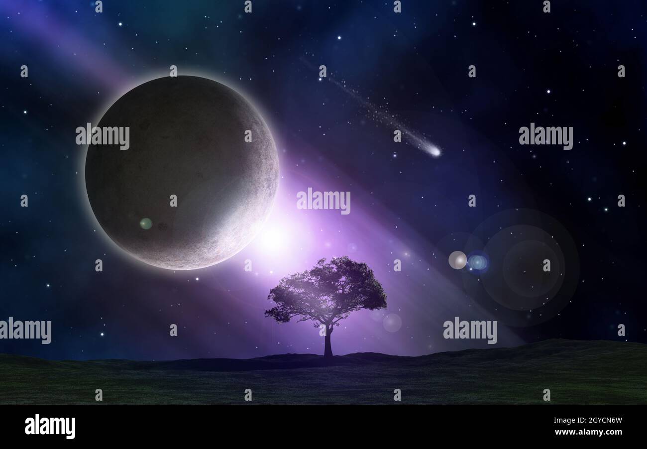 Abstract space scene with tree landscape and fictional planets Stock ...