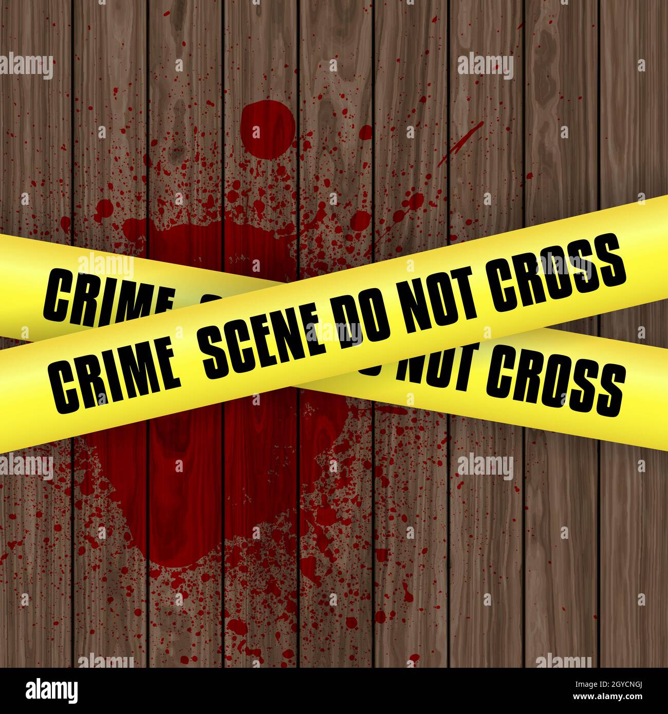 Crime scene background with blood splatter on wood with yellow warning ...