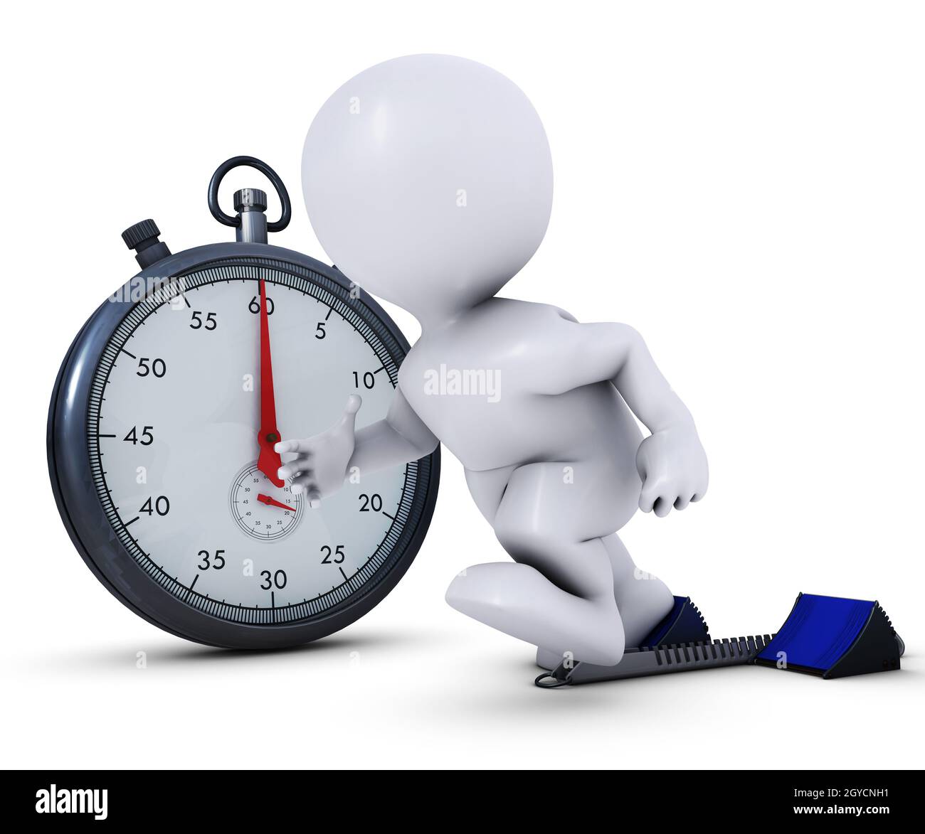 3D Render of Morph Man on starting blocks and stop watch Stock Photo ...