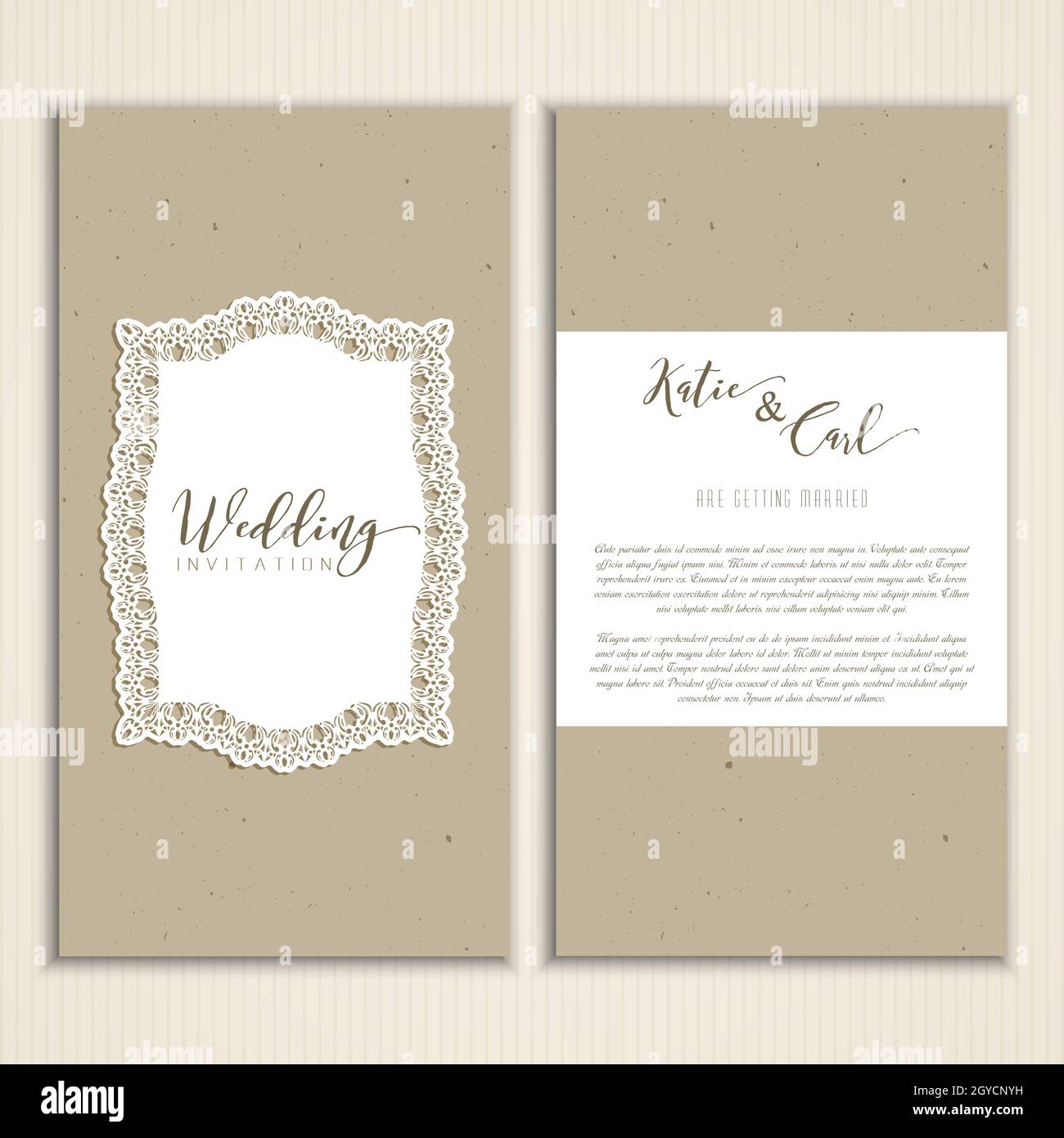 Wedding invitation with cardboard style texture and lace label Stock ...
