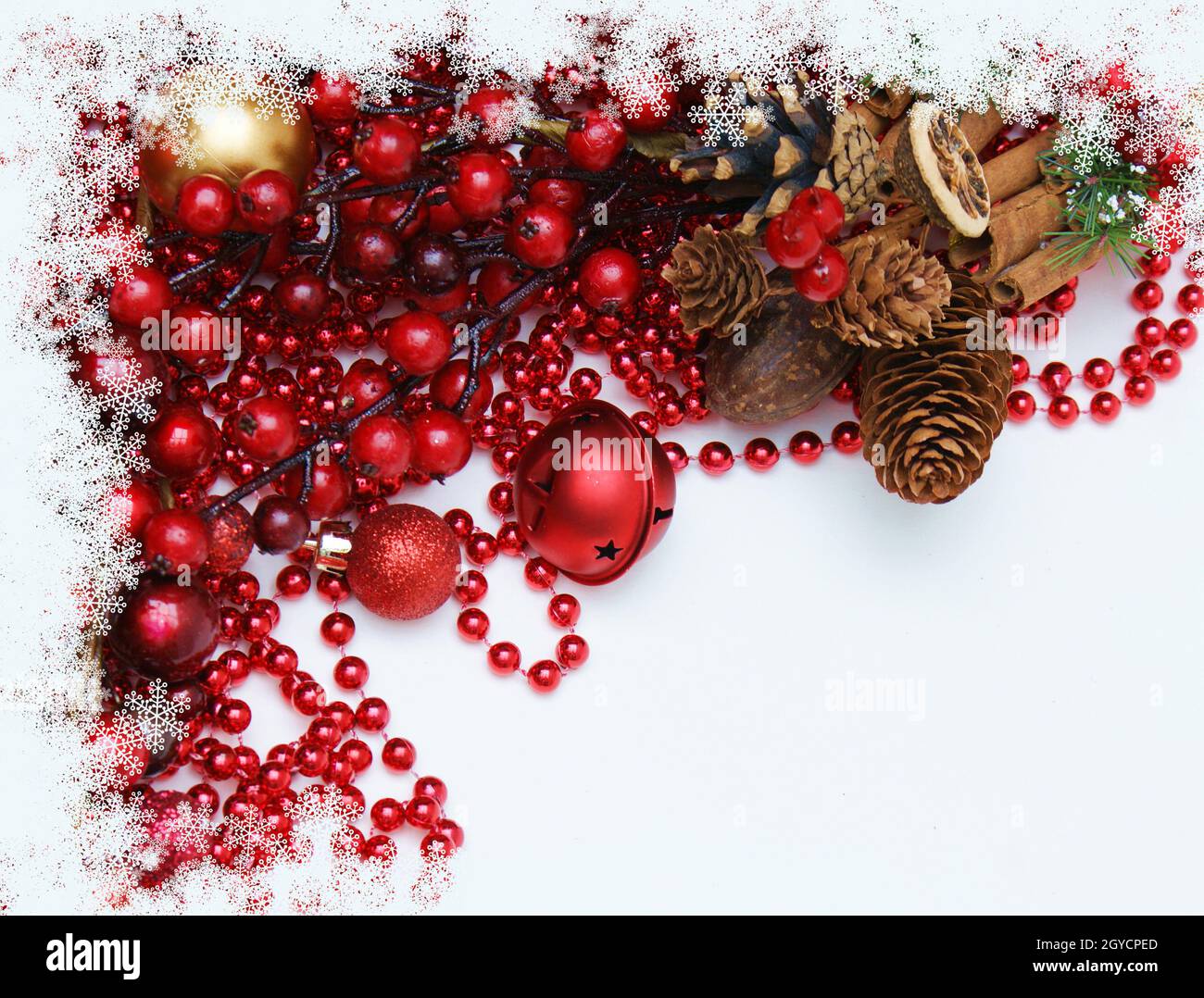 Christmas background with decorations with a snowflake border Stock ...