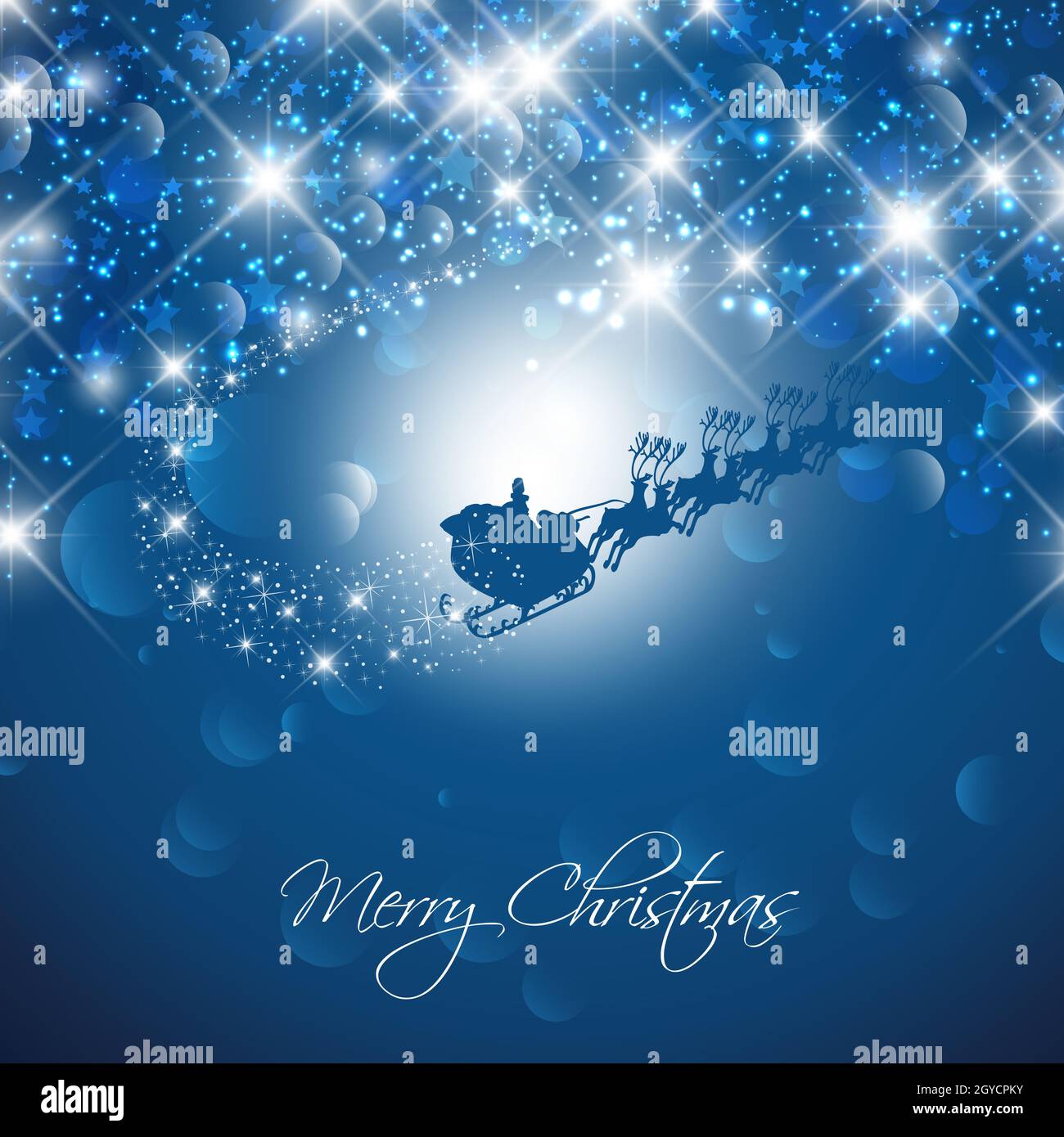 Christmas background with santa flying through the sky Stock Photo - Alamy