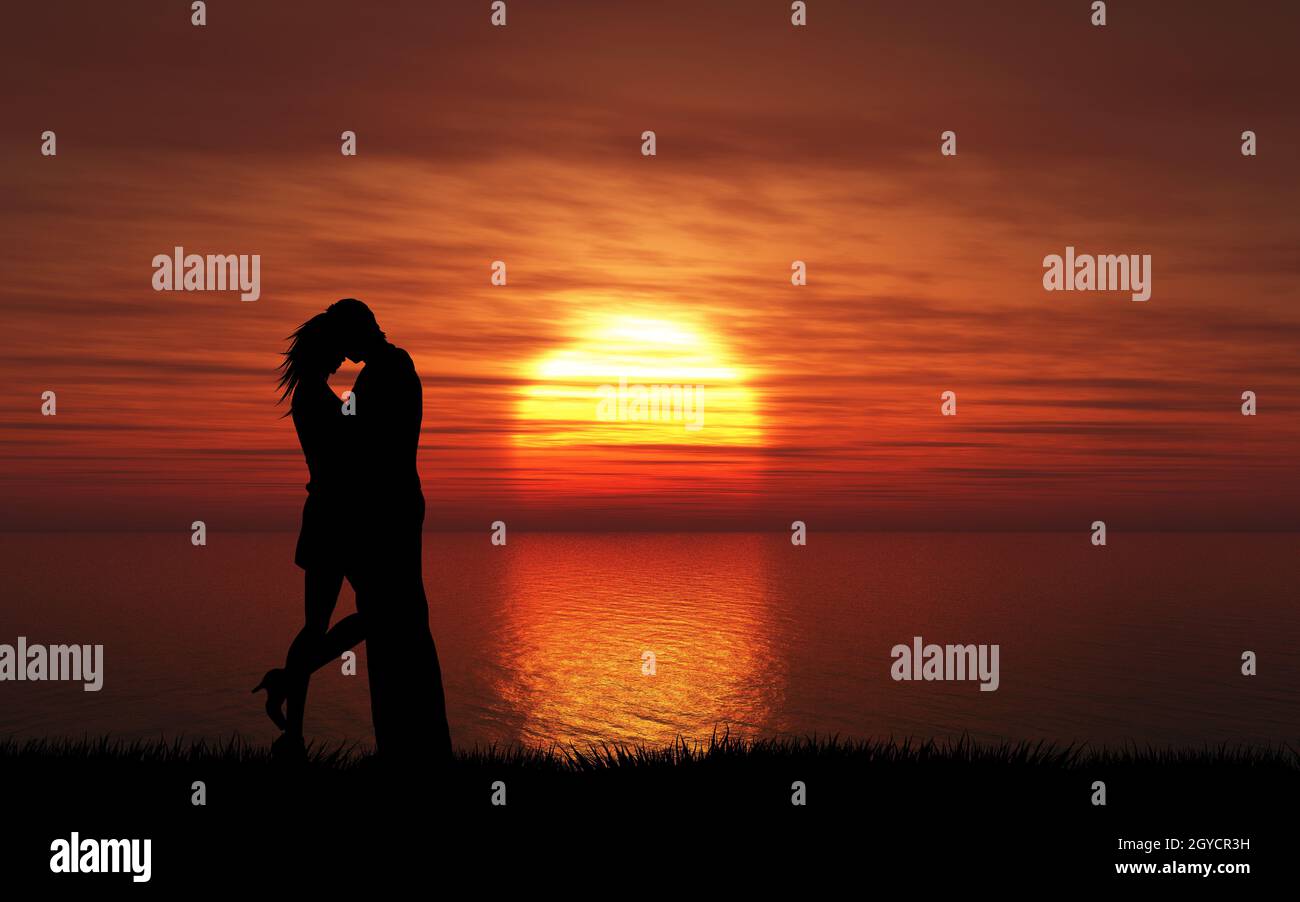 Silhouette of a couple kissing against a sunset sky Stock Photo - Alamy