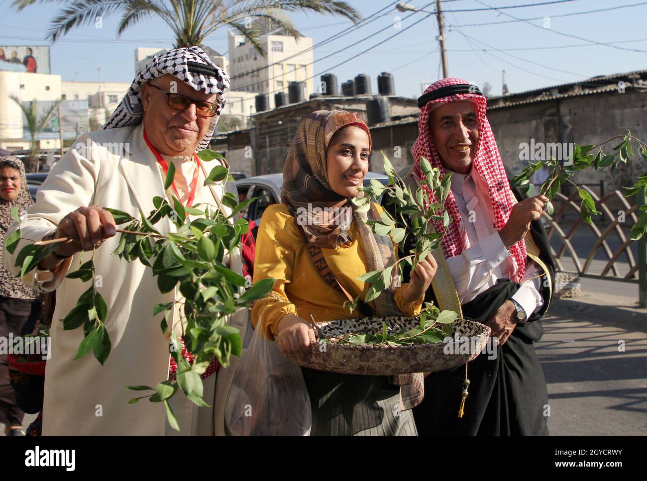 Gaza. 7th Oct, 2021. Palestinians participate in an event simulating a ...