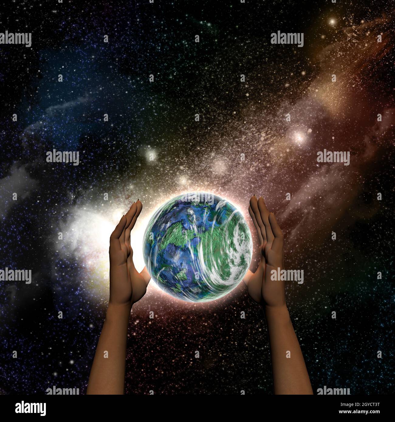 Abstract space background with female hands protecting a fictional ...