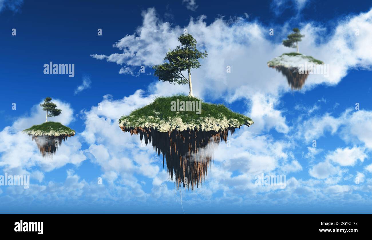 3D render of floating islands in the sky Stock Photo - Alamy