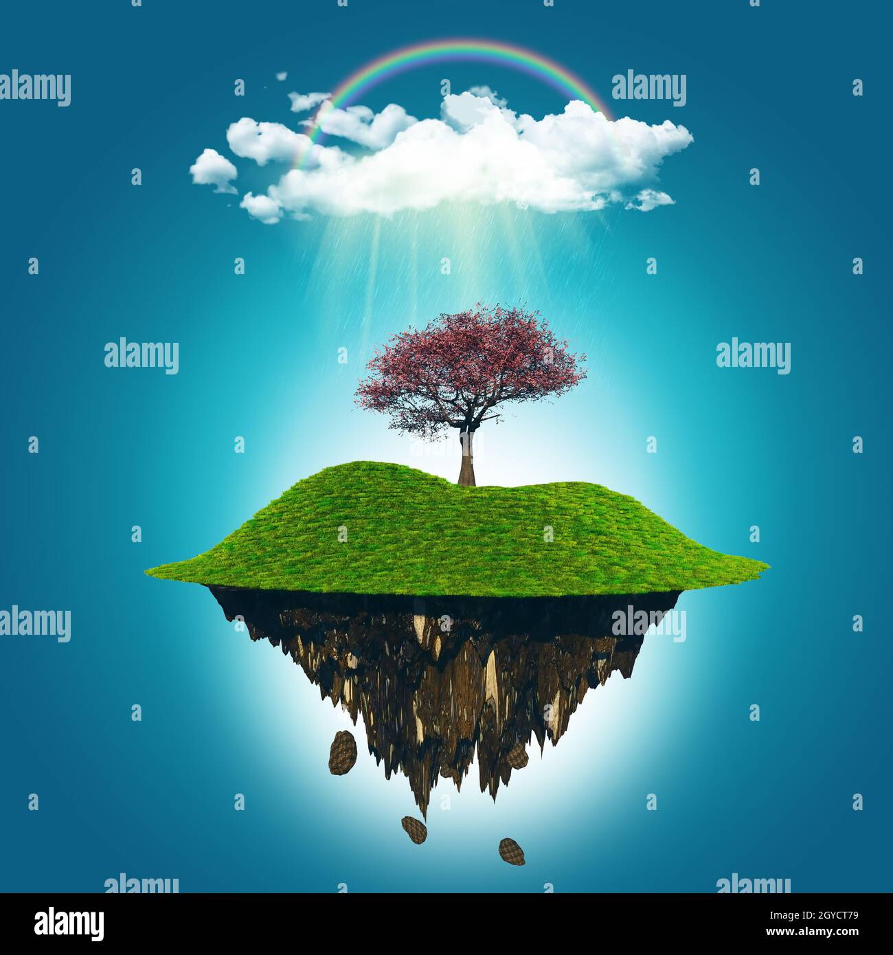 3D render of a floating island with a cherry tree under a rainbow and ...