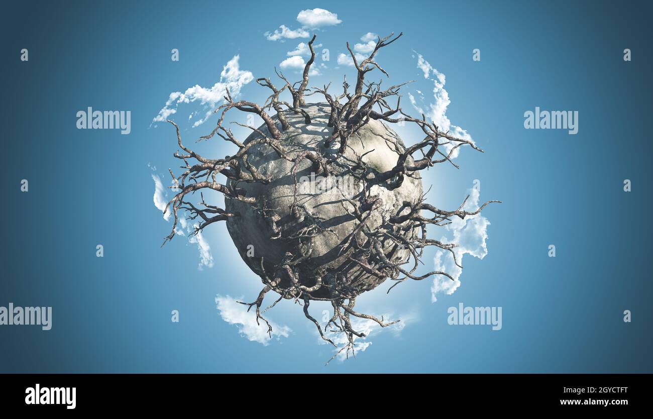3D render of an abstract planet covered with dead trees in a space ...