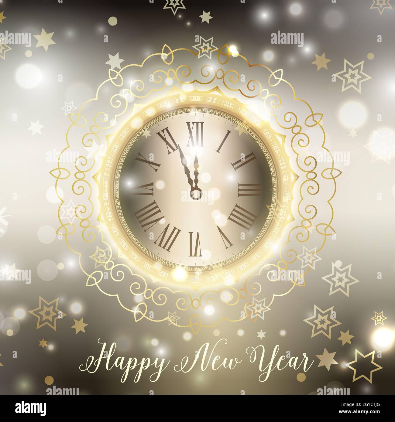 Happy New Year background with decorative clock design Stock Photo - Alamy