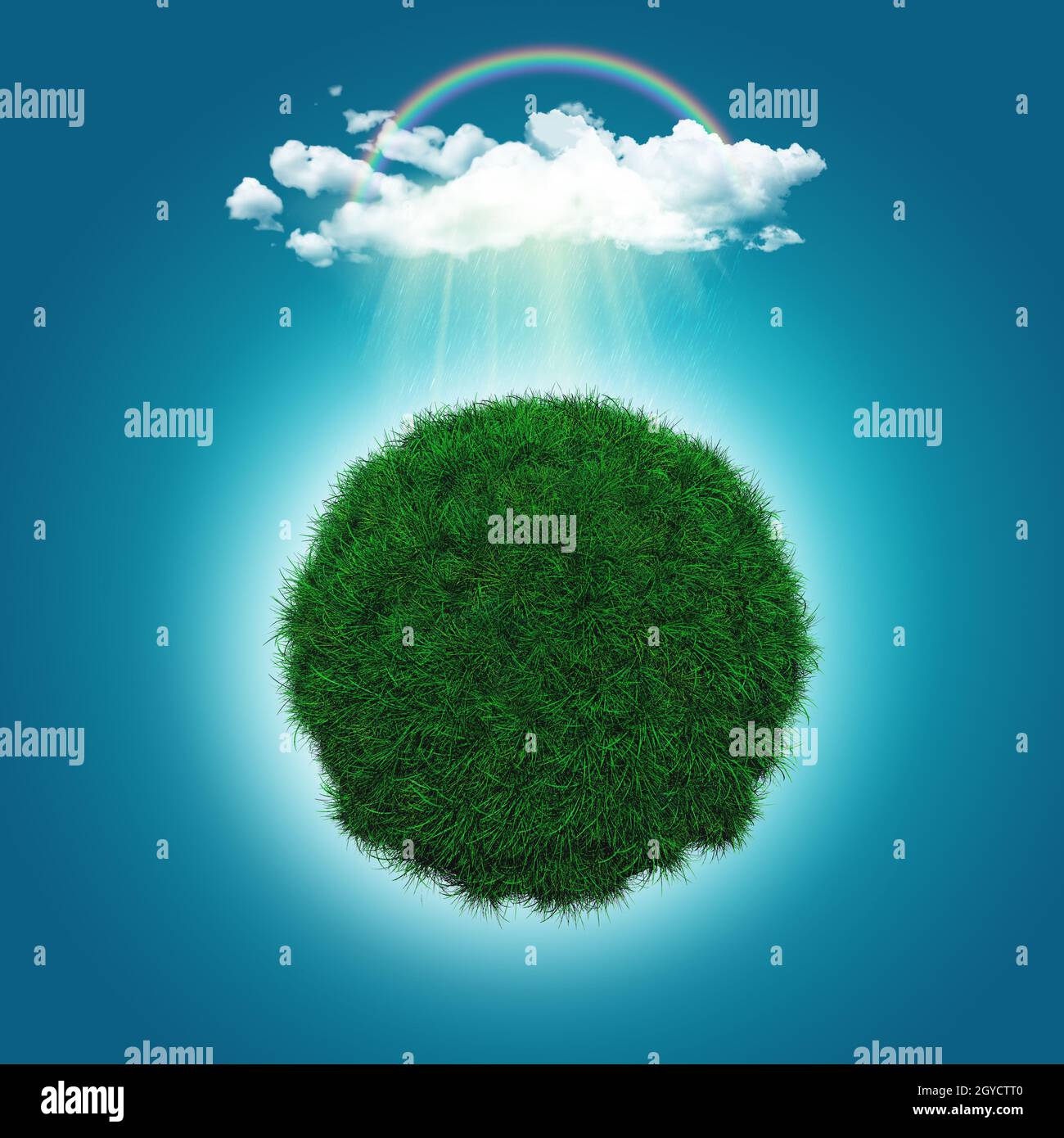 3D render of a grassy globe with a rainbow and rain cloud Stock Photo ...