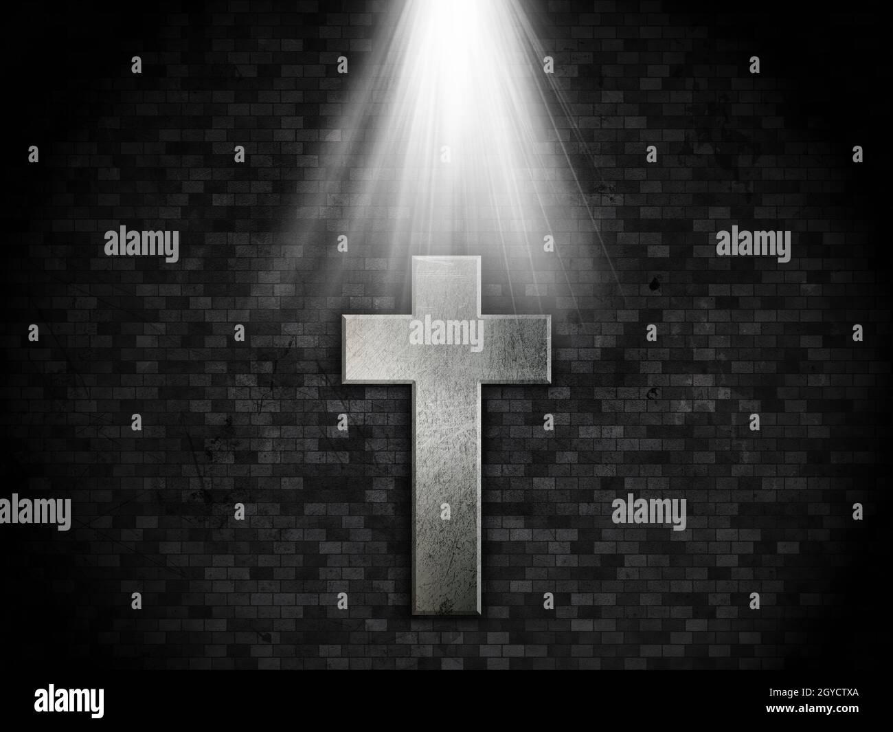 Detailed grunge brick wall background with a metallic cross design ...