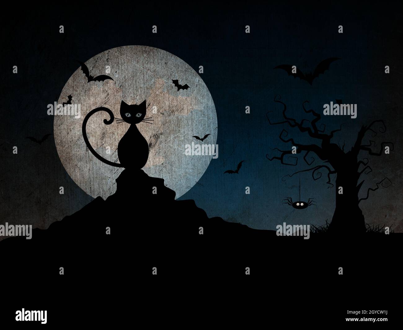 Grunge Halloween night background with a cat and spooky tree Stock ...
