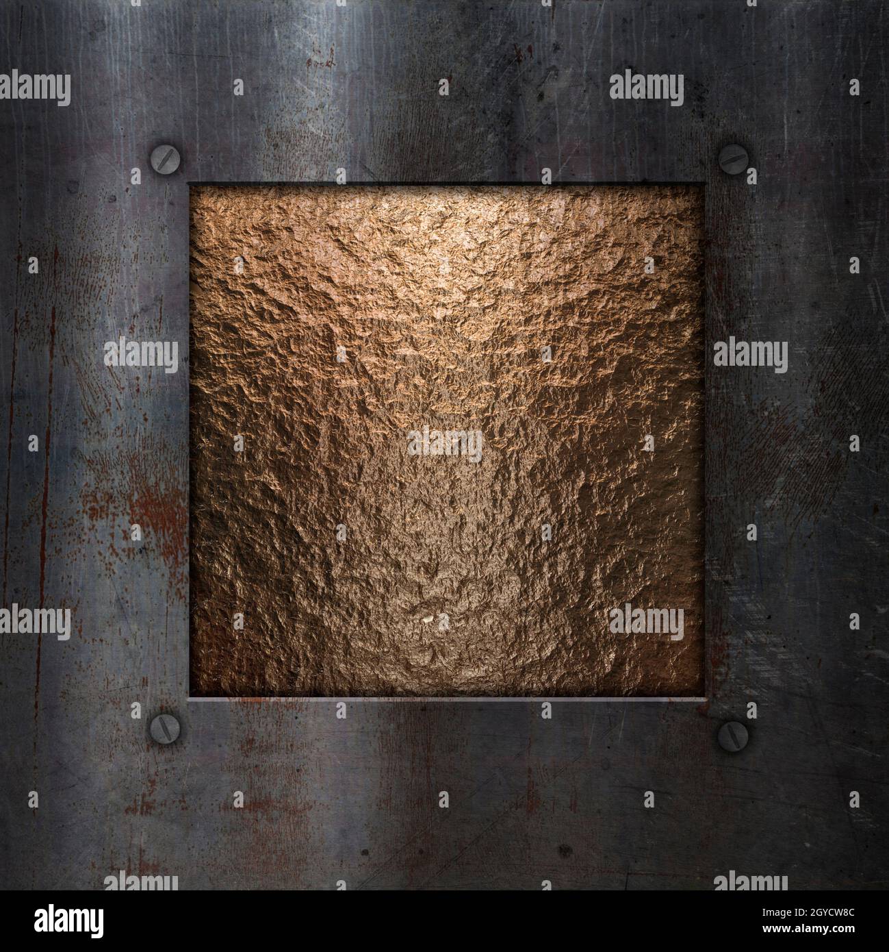 Gold chrome metal textured background with a grunge metallic frame ...