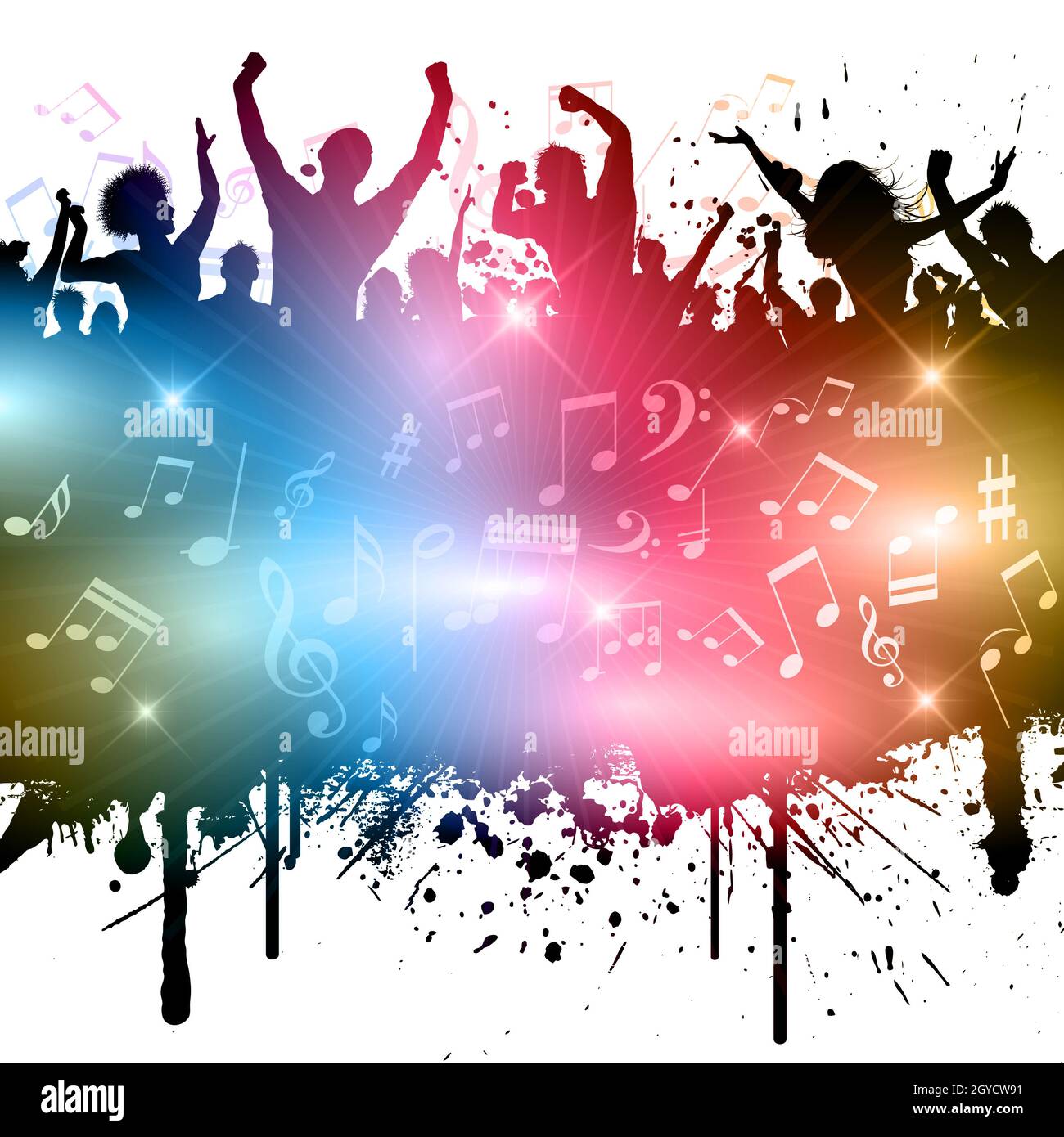 Grunge style image of party people with music notes Stock Photo - Alamy