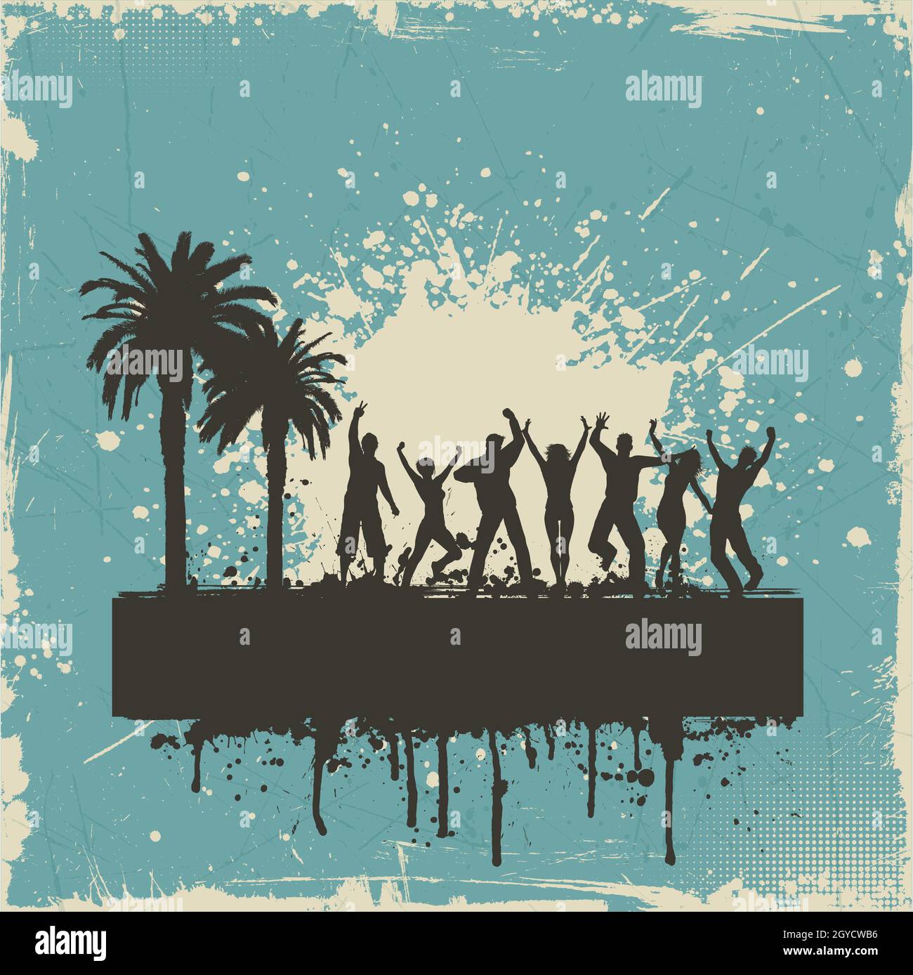 Tropical grunge background with silhouettes of people dancing Stock ...