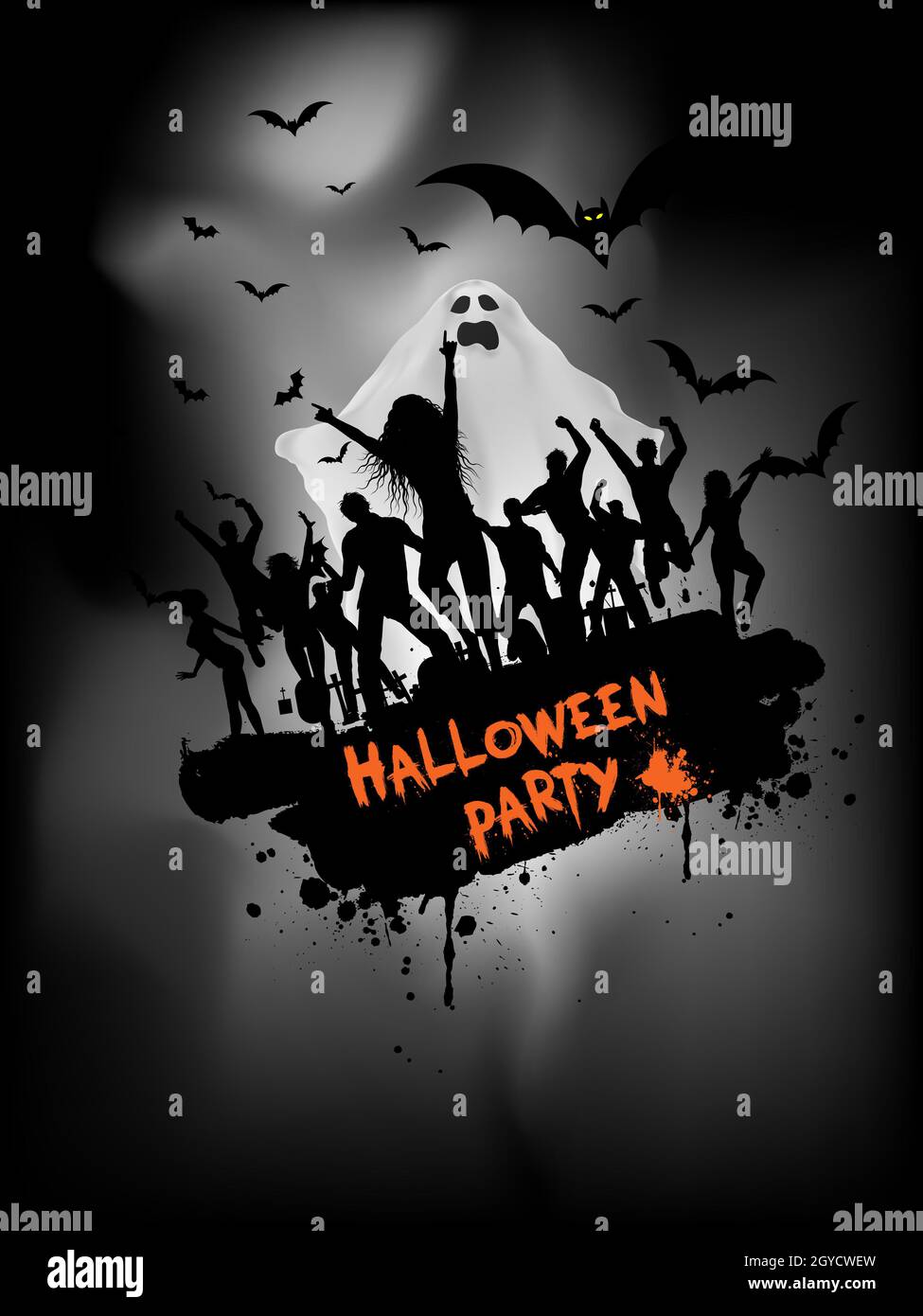 Grunge style Halloween party background with silhouettes of people ...