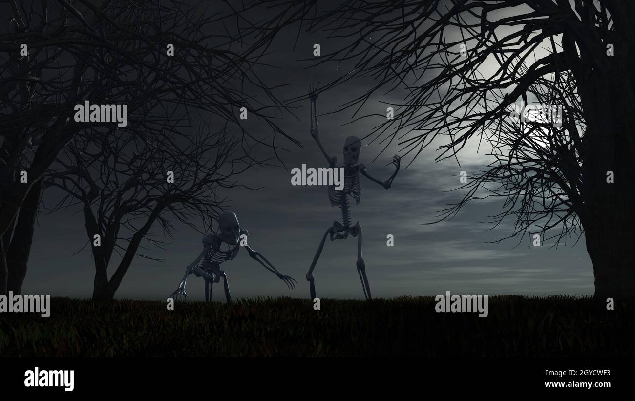 3D render of a Halloween background with spooky skeletons Stock Photo ...