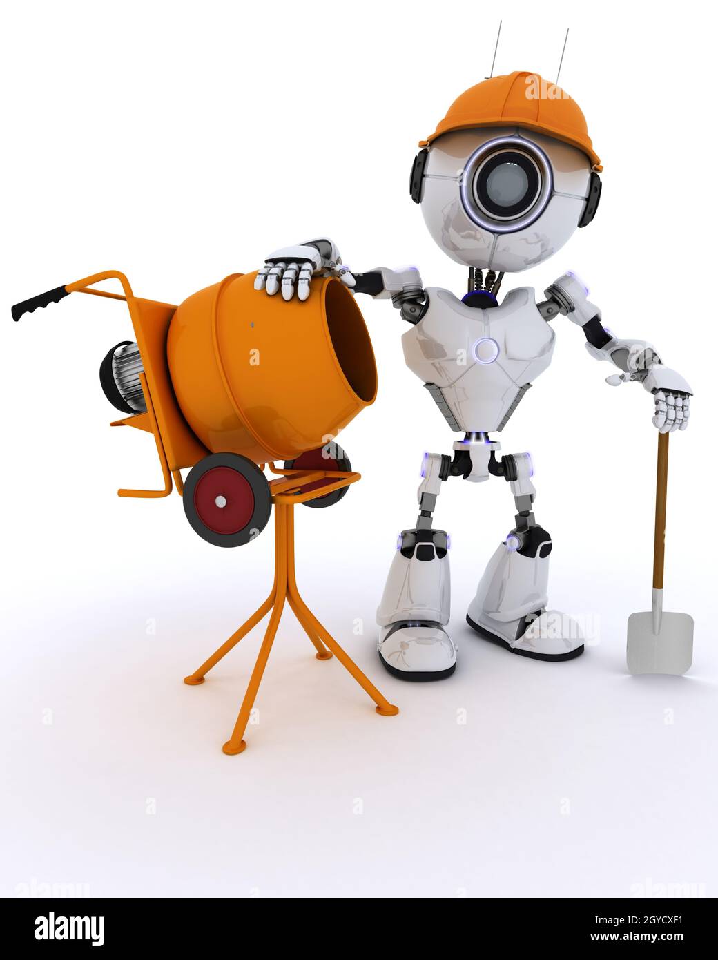 3D Render of a Robot builder with cement mixer Stock Photo - Alamy