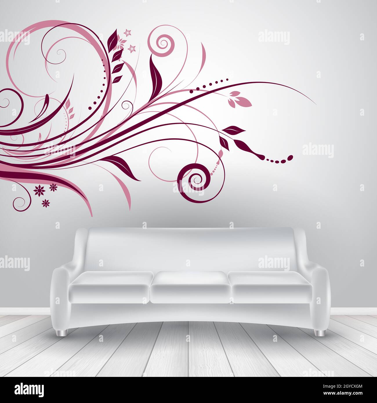 Room interior with sofa and decorative wall decal design Stock Photo ...