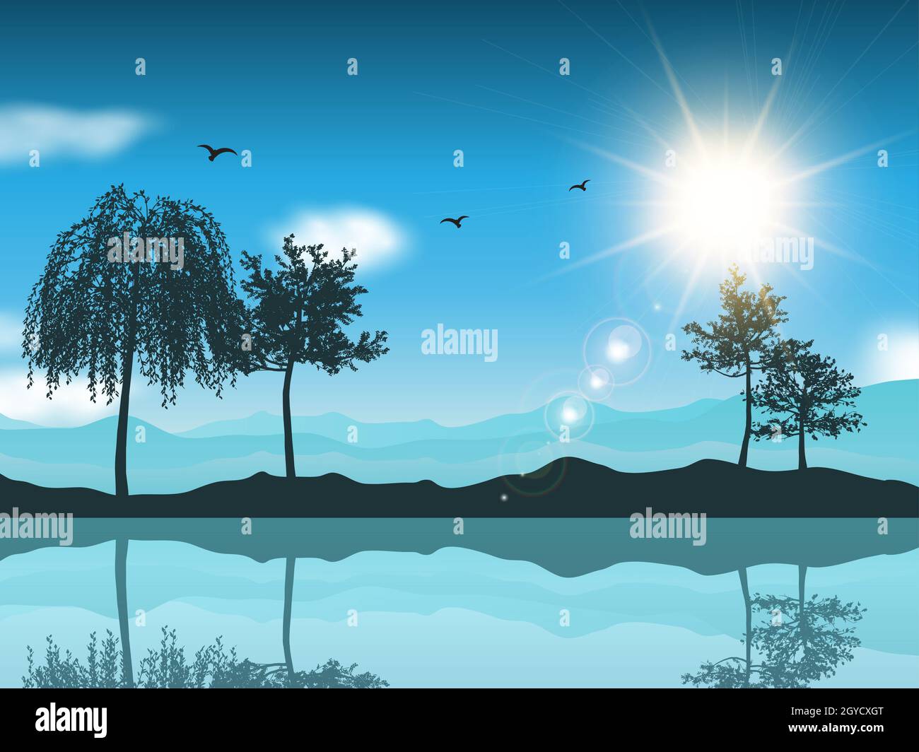 Sunny landscape background with reflection in lake Stock Photo - Alamy