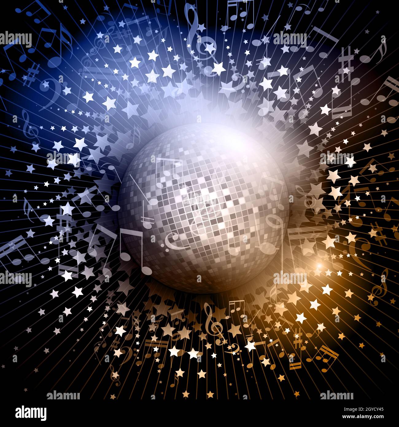Abstract background with mirror ball and music notes Stock Photo - Alamy