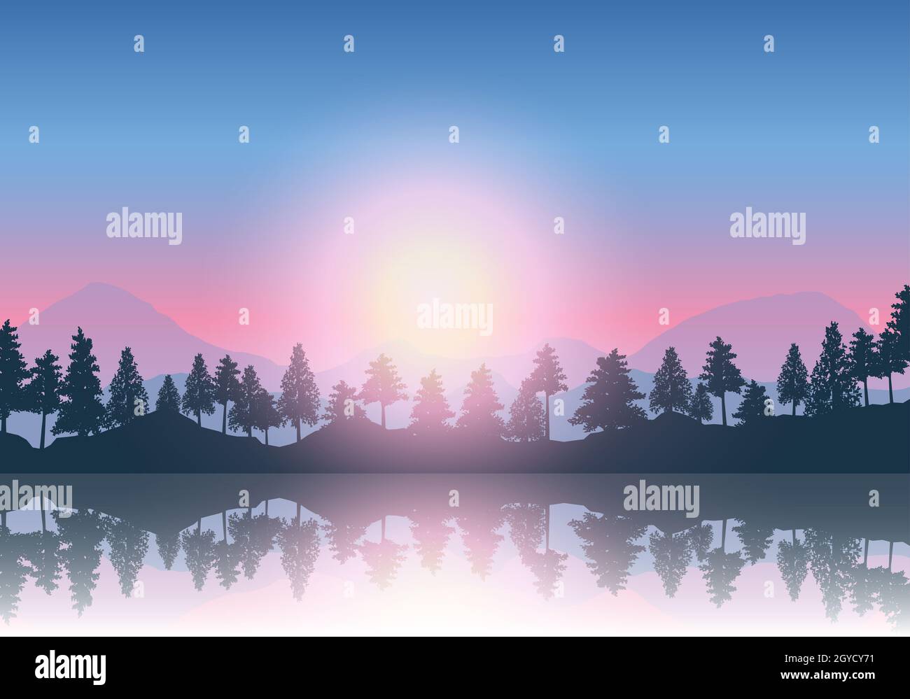 Landscape background with mountains and trees reflecting in lake Stock ...