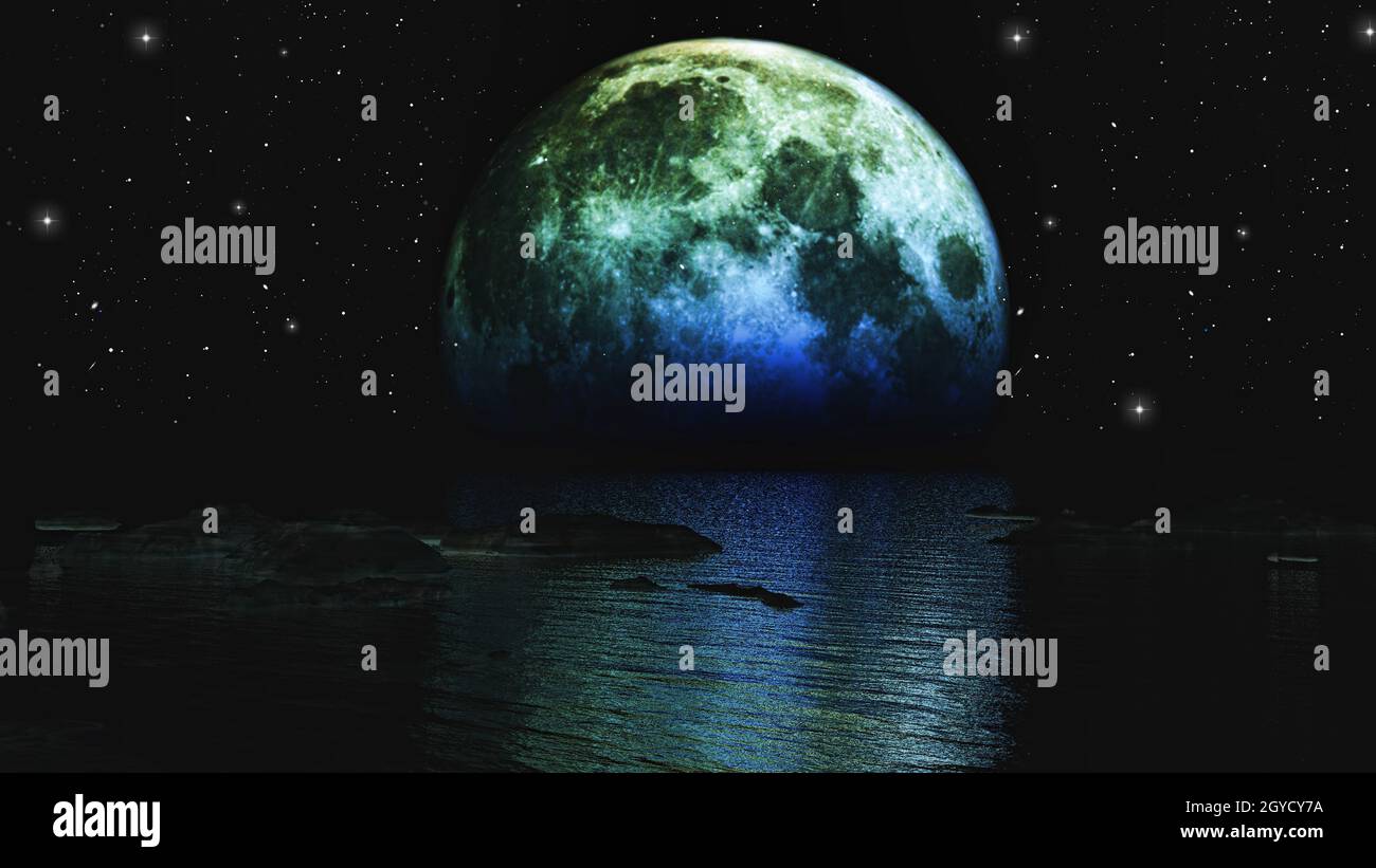 3D render of the moon setting over the sea Stock Photo - Alamy
