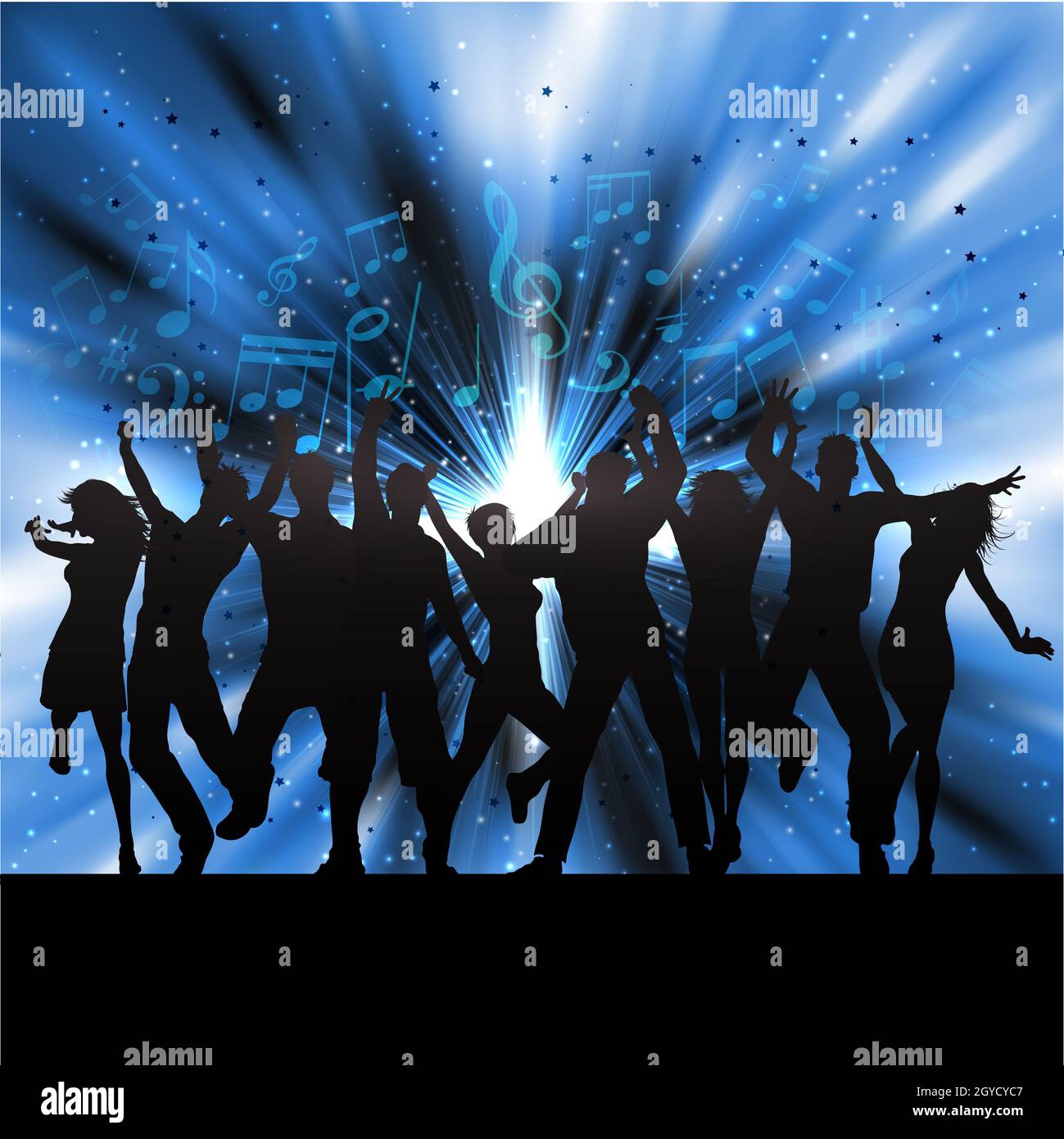 Silhouettes of people dancing on a music notes background Stock Photo ...