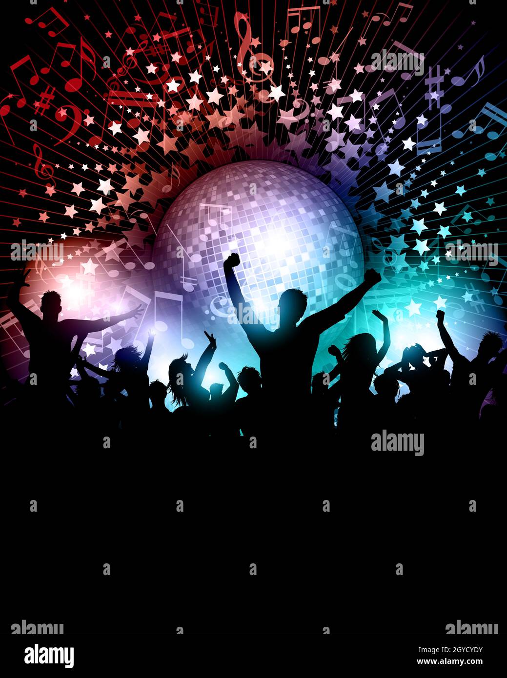 Party crowd background with music notes and mirror ball Stock Photo - Alamy