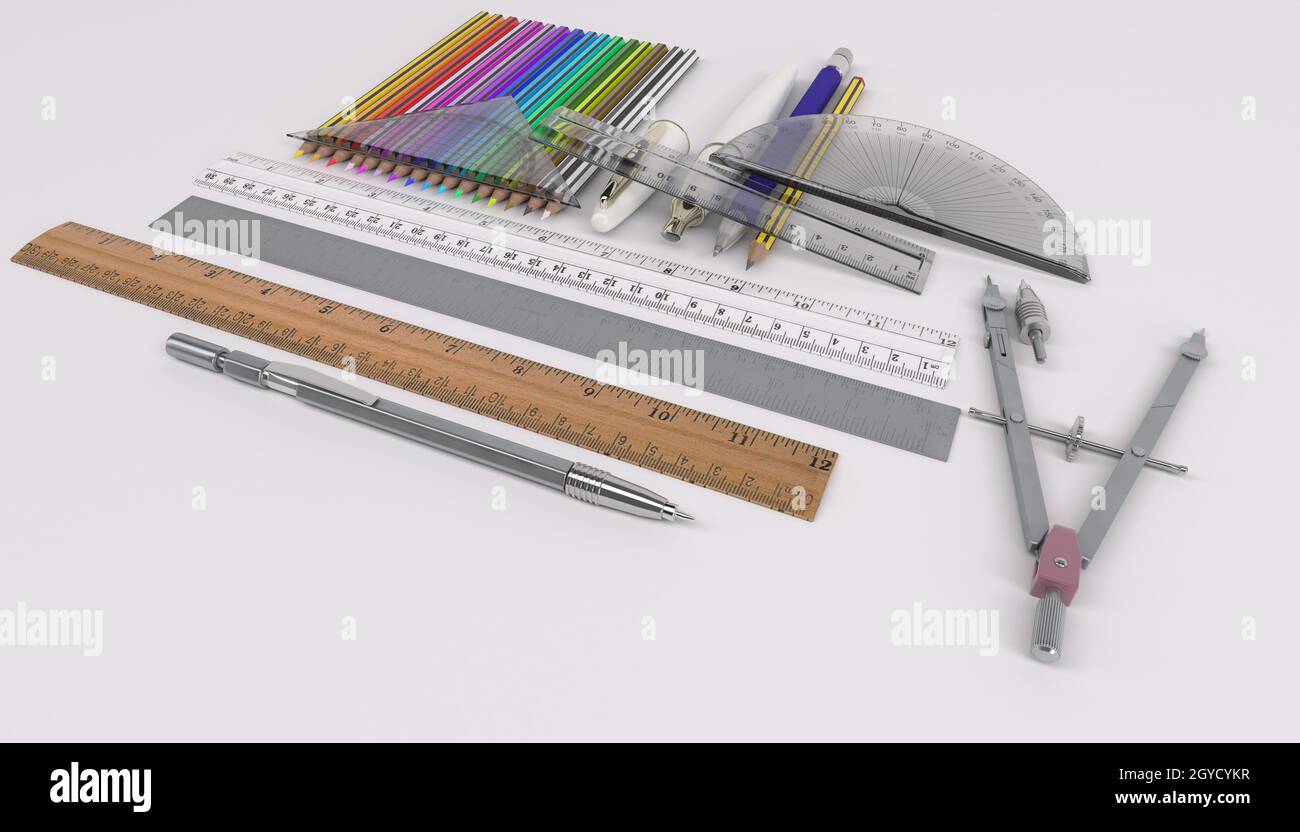 3d render of pencils rulers and drawing tools Stock Photo - Alamy