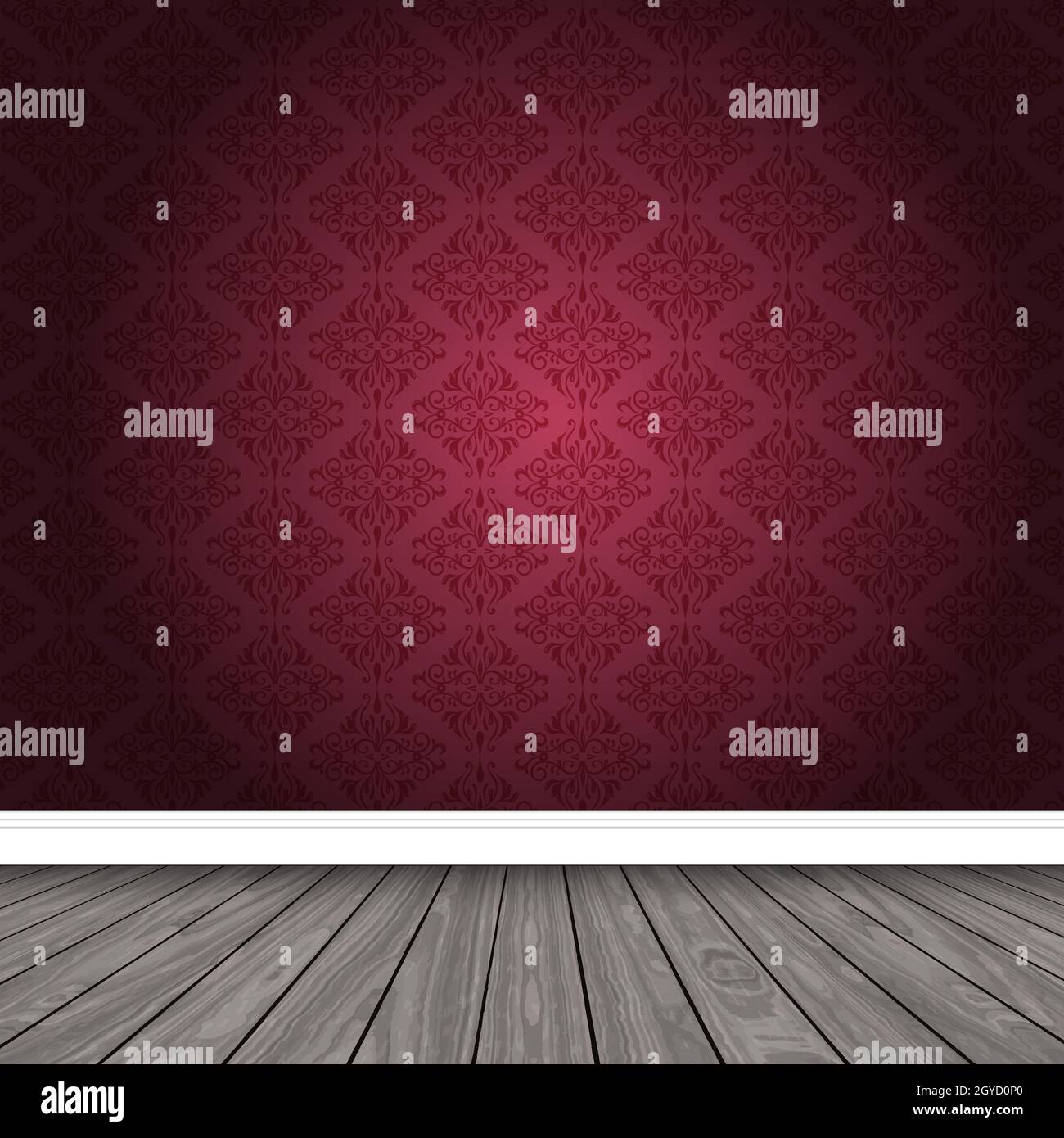 Empty room with patterned wallpaper and wooden floor Stock Photo - Alamy