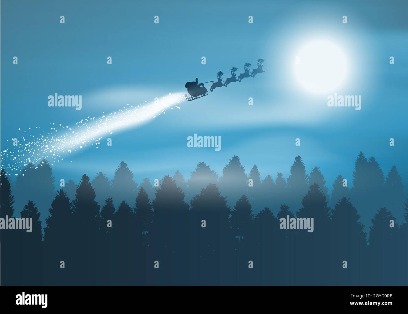 Christmas background with santa flying through the sky Stock Photo - Alamy