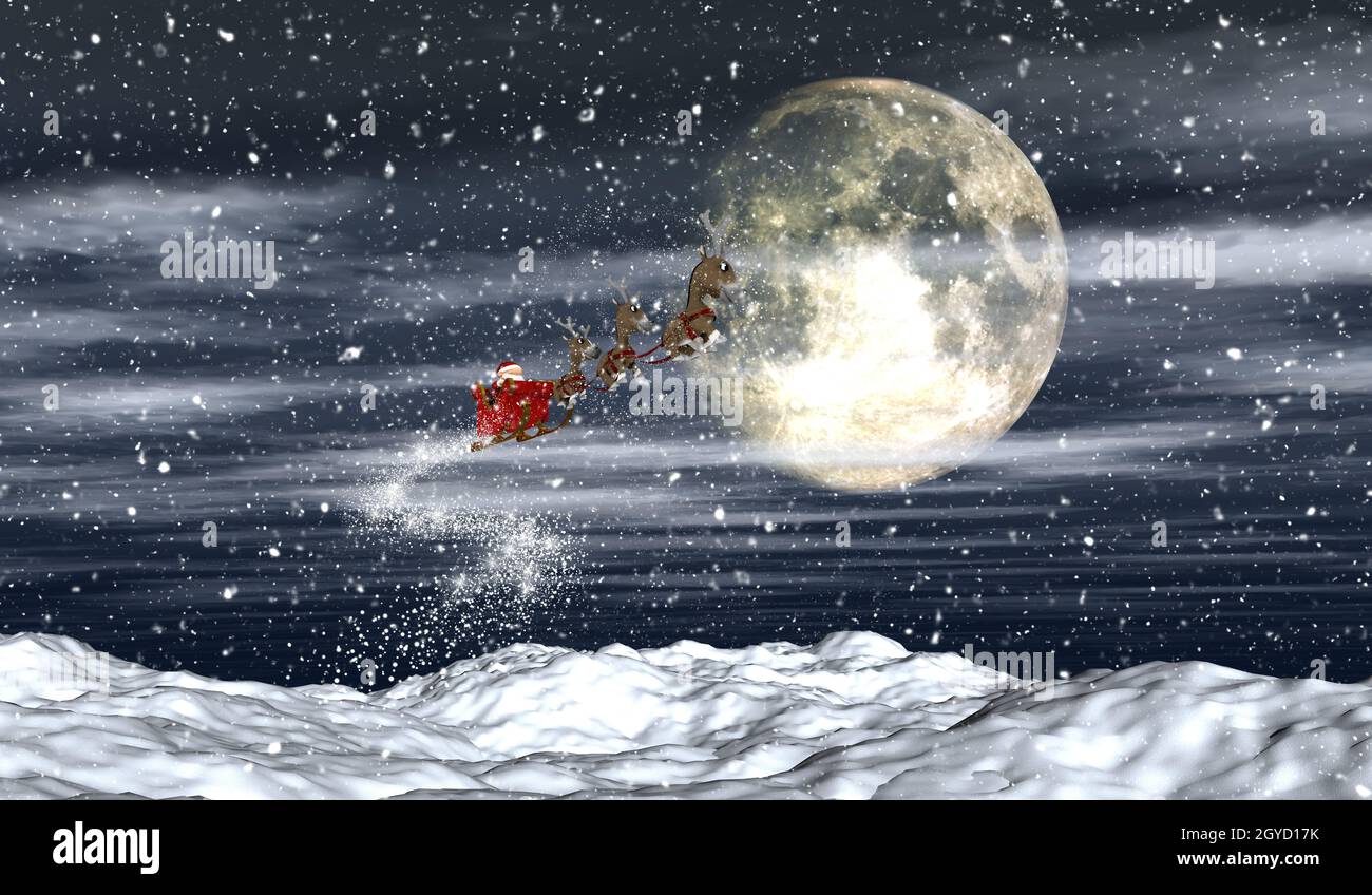 3D render of Santa flying through the night sky Stock Photo - Alamy
