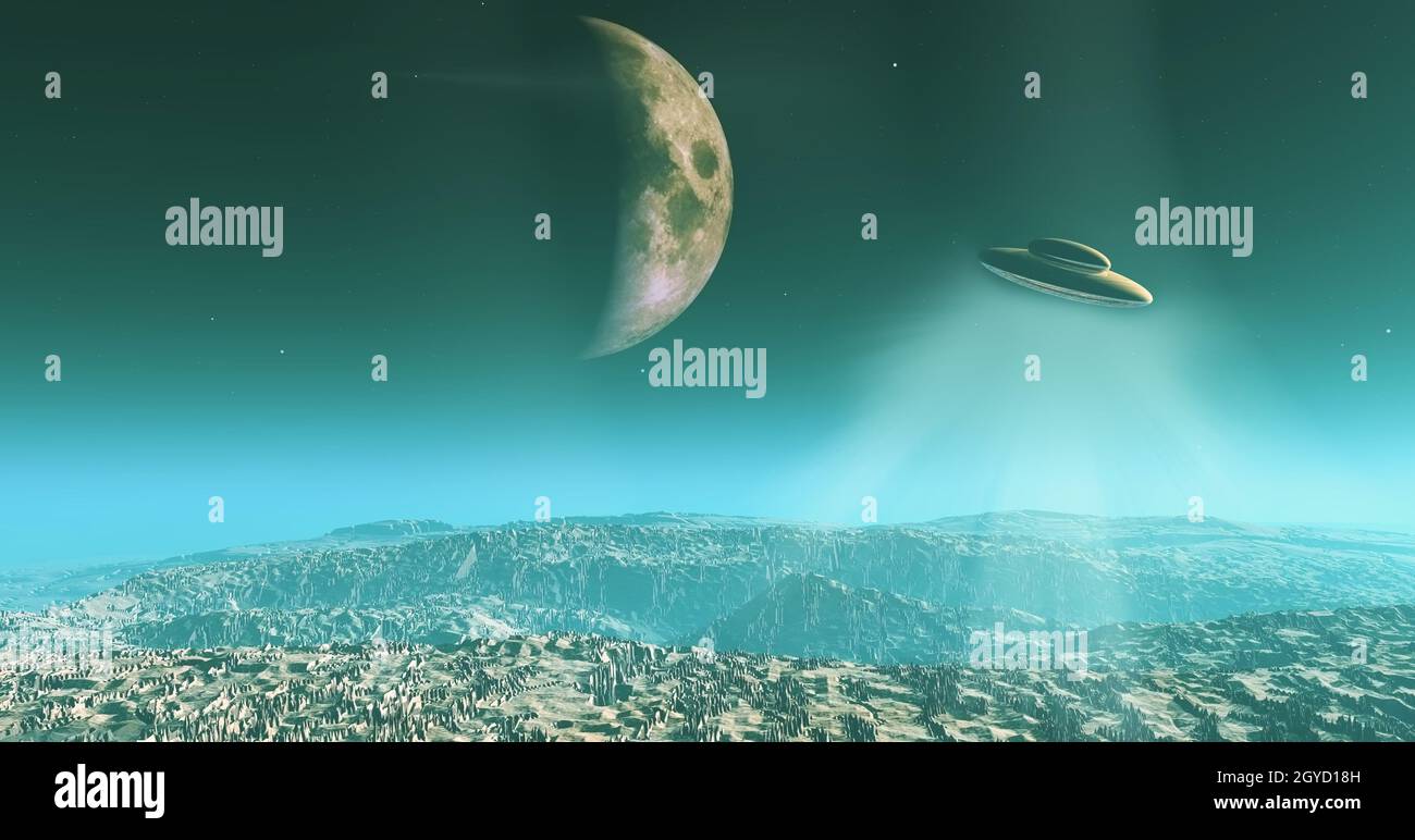 3D render of a space landscape with UFO Stock Photo - Alamy