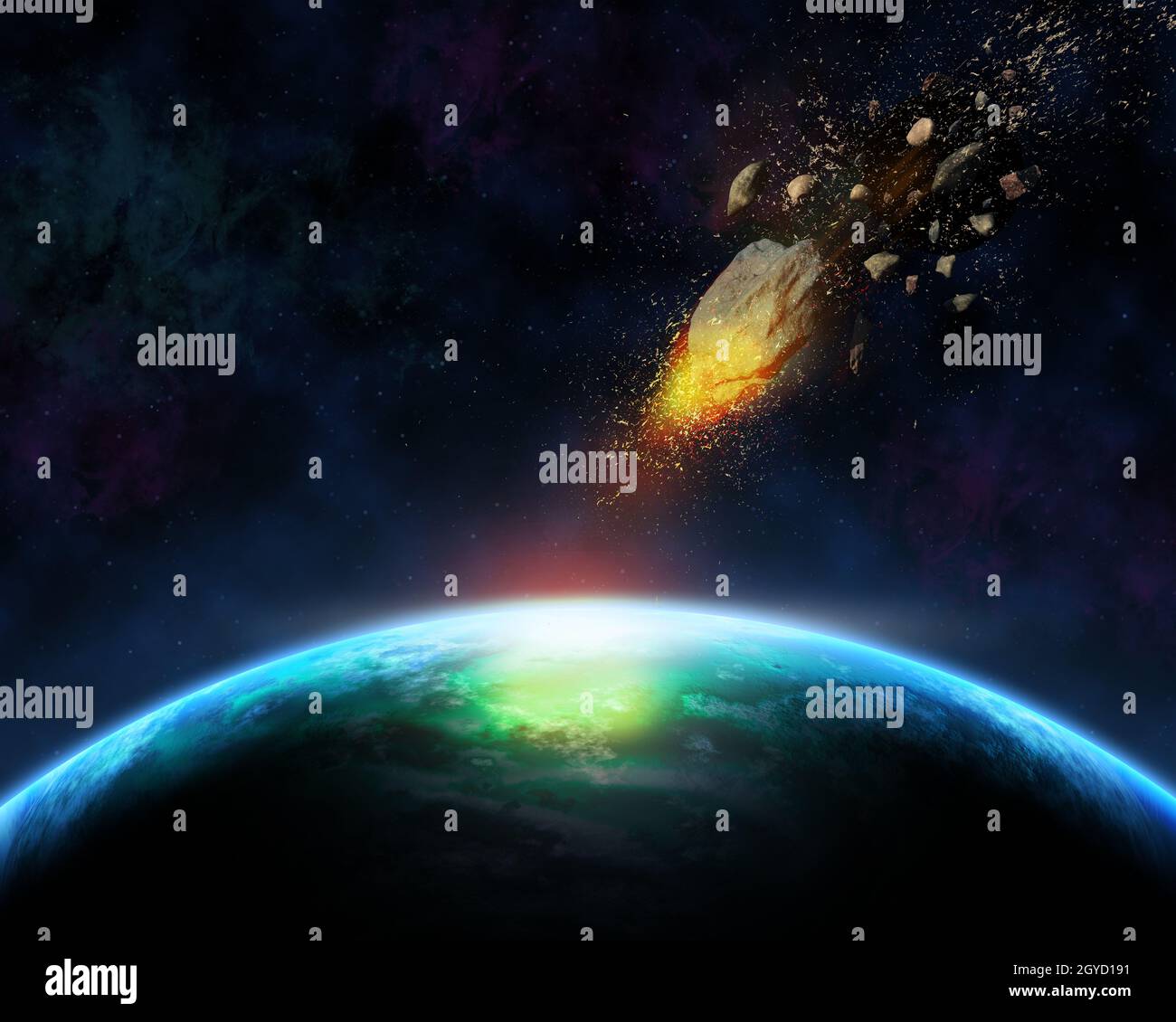 Space scene background with blazing meteorite about to hit a fictional ...