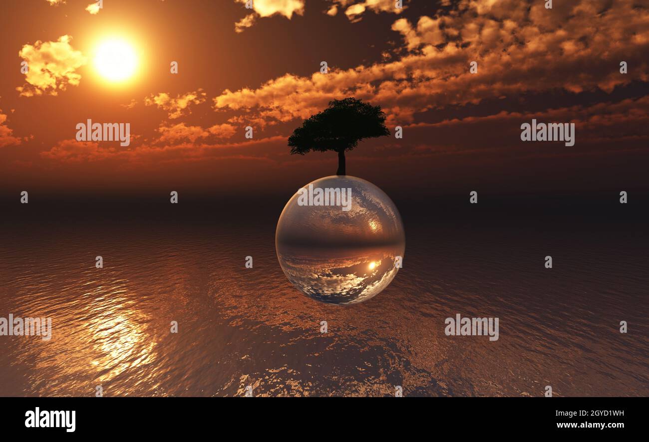 3D landscape with tree on a glass sphere floating above the se Stock ...