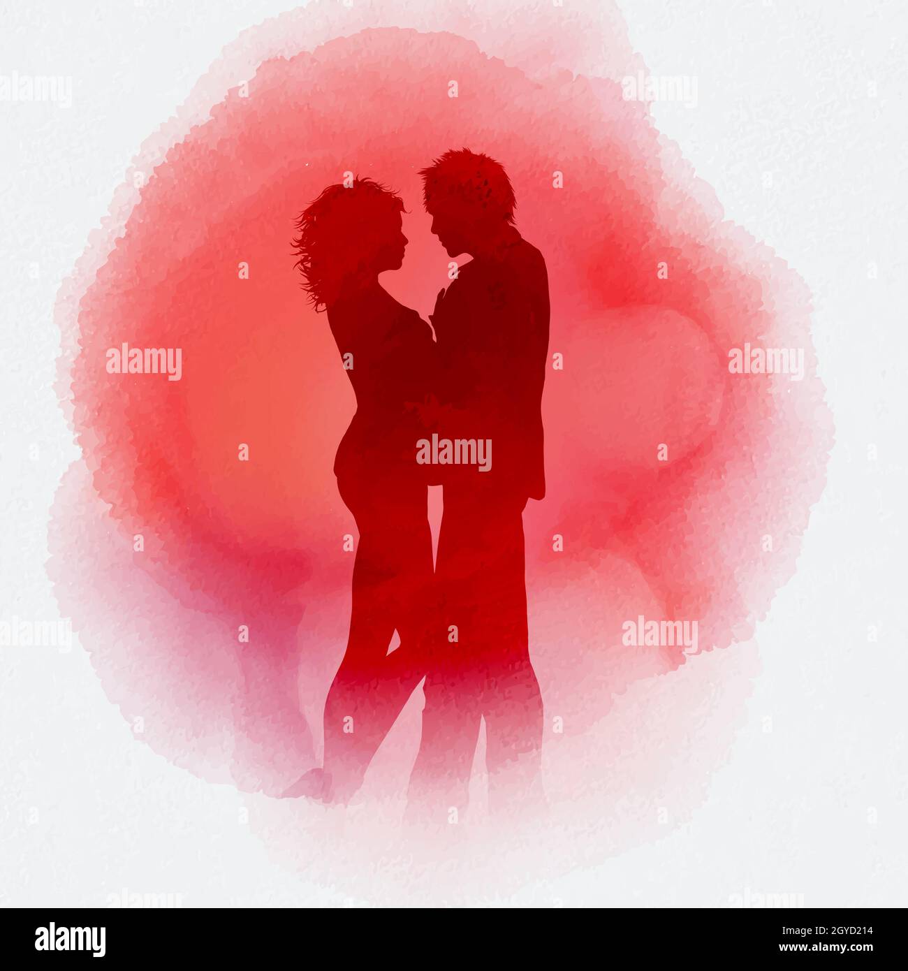 Silhouette of a Valentine's Day couple on watercolour background Stock ...