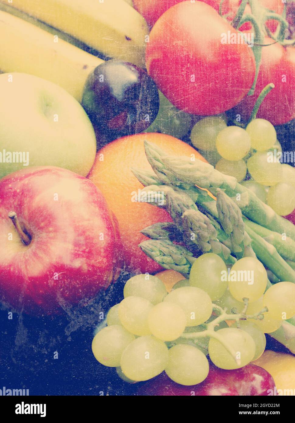 Various fruit and vegetables with a vintage grunge effect added Stock ...