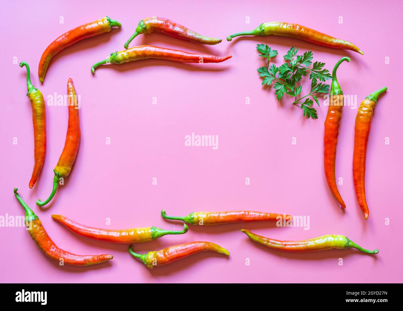 Frame from red, hot, chilli peppers on pink background Stock Photo - Alamy