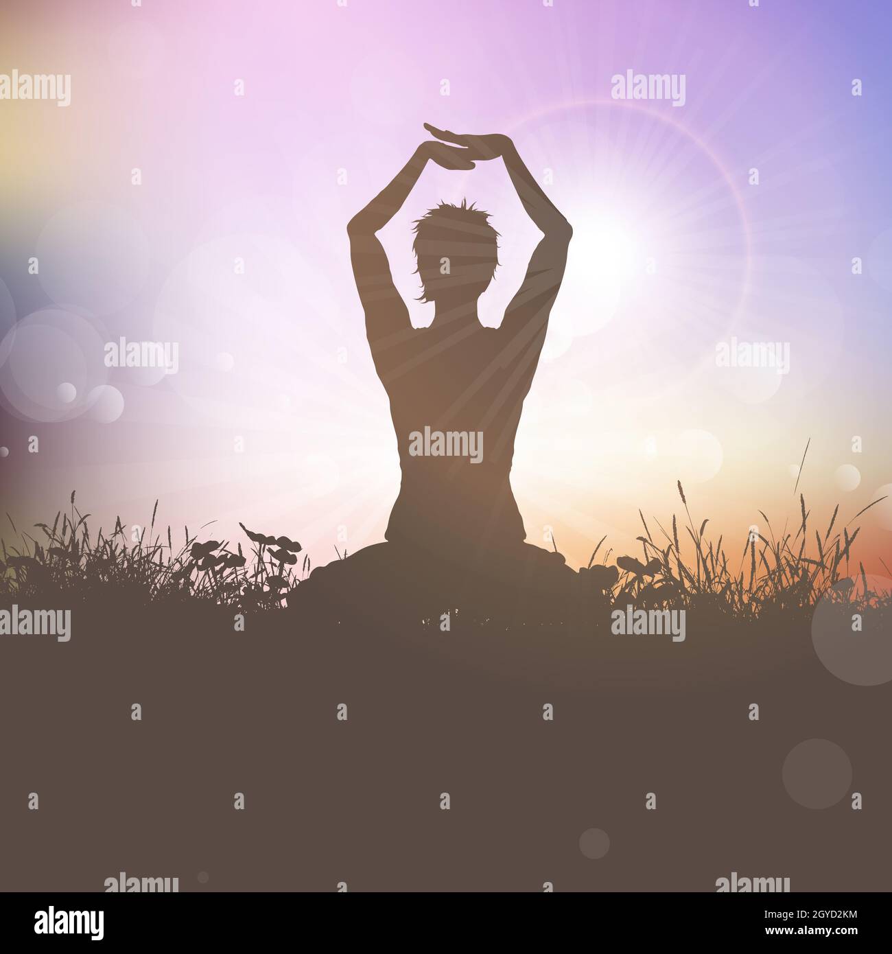 Silhouette of a female in a yoga pose against a sunset sky Stock Photo ...