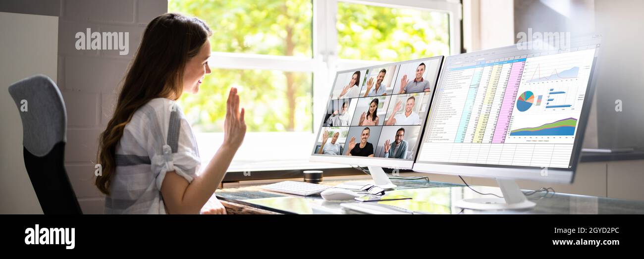 Online Video Conferencing Call Waving Hand Group Chat Screen Stock ...