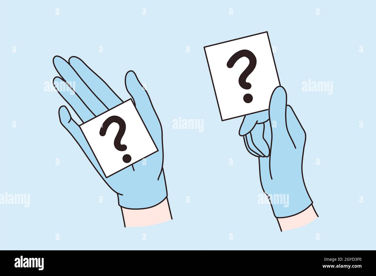 Doubt, question sign, uncertain situation concept. Human hands in blue ...