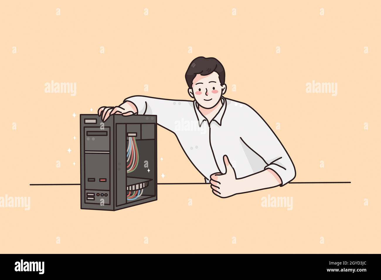 Soft engineering and technologies concept. Young smiling man worker ...