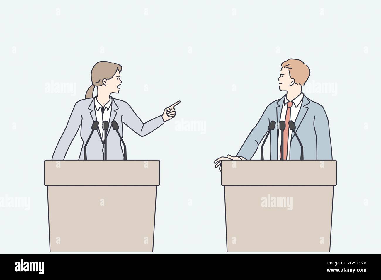 Politics Debates And Arguing Concept Young Angry Man And Woman Politicians Standing At Speakers 